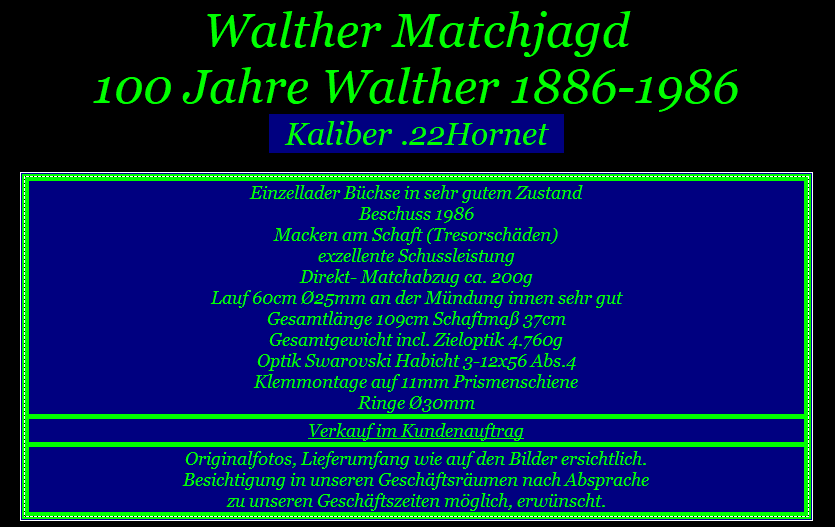 Walther Matchjagd 100 Jahre Kaliber .22Ho. mit Swarovski Optik - eGun